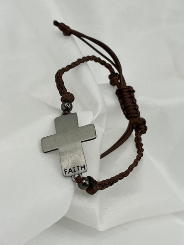 Gunmetal Cross with Faith and Brown Cotton Cord Adjustable Macrame ...