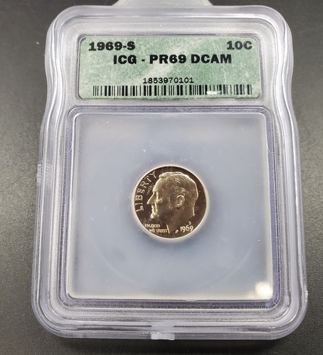 1969 S Roosevelt Clad Dime Proof Coin Vintage ICG PR69 DCAM Deep Cameo ...
