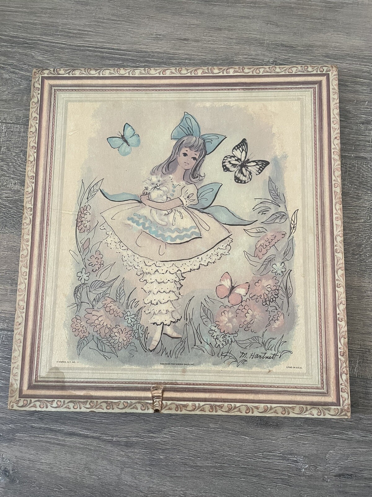 Vintage M. Hartnett 1971 Litho USA Stapco, NY Girl Butterflies Flowers ...