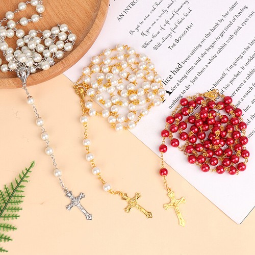 Catholic Pearl Long Chain Cross Necklace Rosary Cross Jesus Religious ...