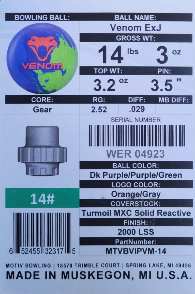 MOTIV Venom EXJ Bowling Ball 14 lb Blue Green Drilled USBC Symmetrical ...