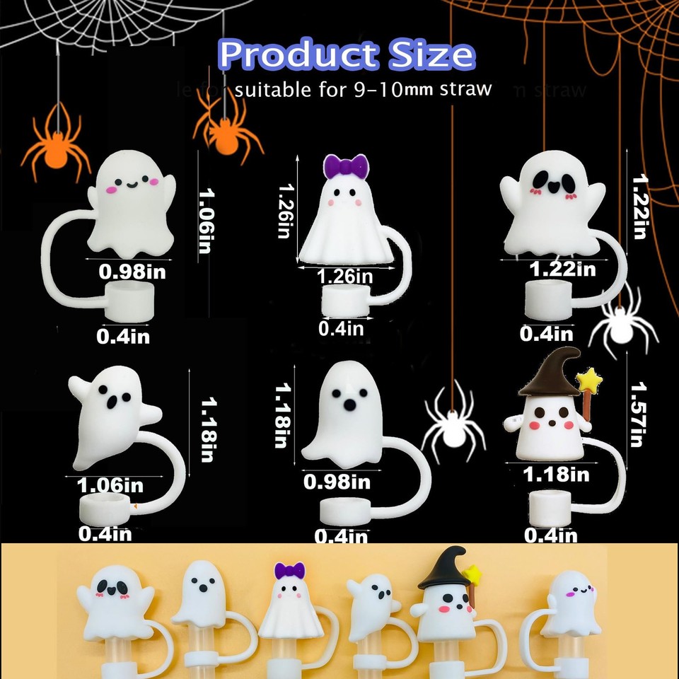 6PCS Halloween Straw Cover Cap for Stanley Cup, Cute Silicone 3D Ghost ...