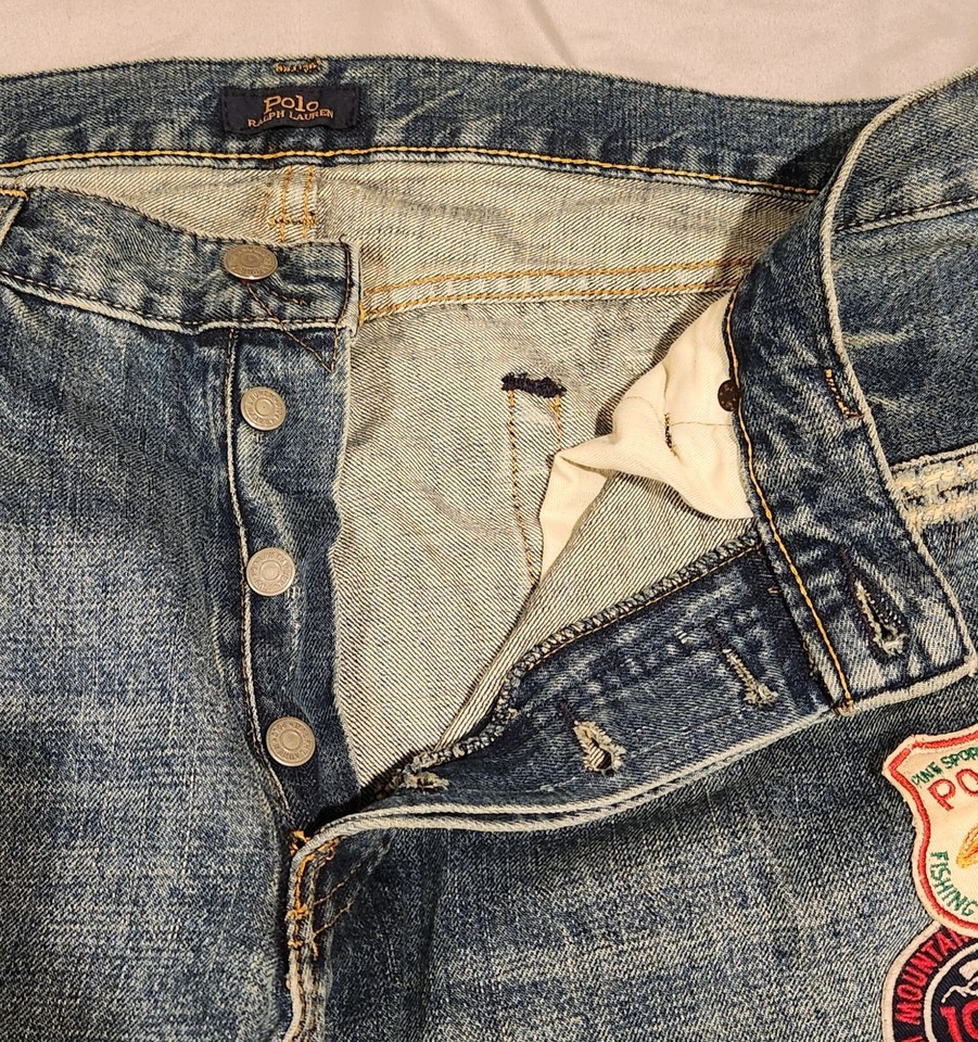 Polo Ralph Lauren Patchwork Jeans Distressed Rod & Reel Fishing Club ...