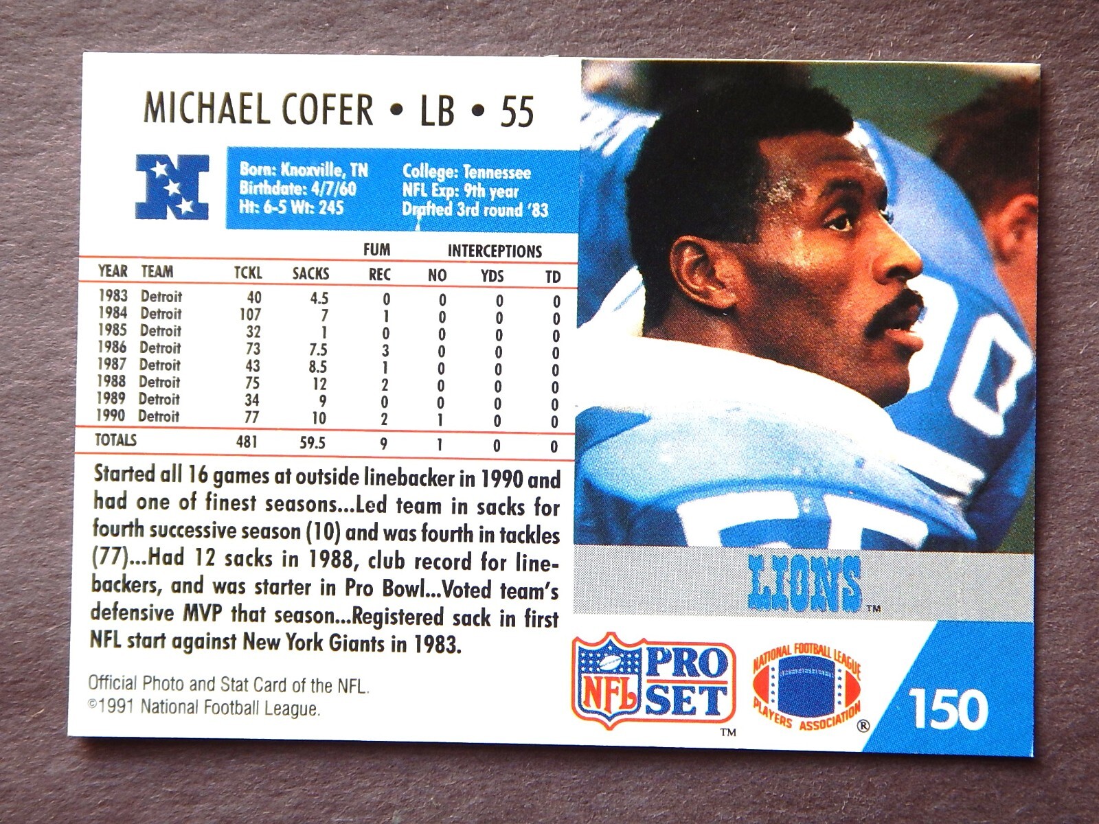 Michael Cofer #150 Pro Set 1991 Football Card (Detroit Lions) LN | eBay