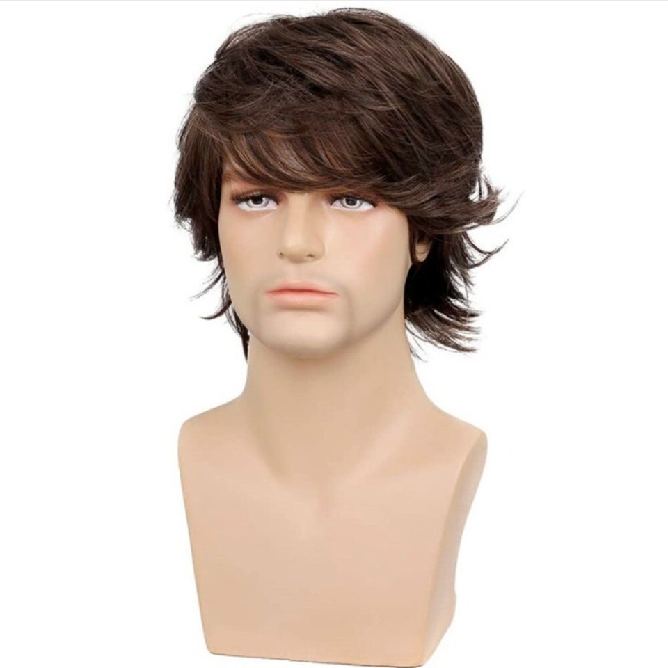 Natural Color Head Cover Men's Wigs Synthetic Hair Full Curly Wig Short ...