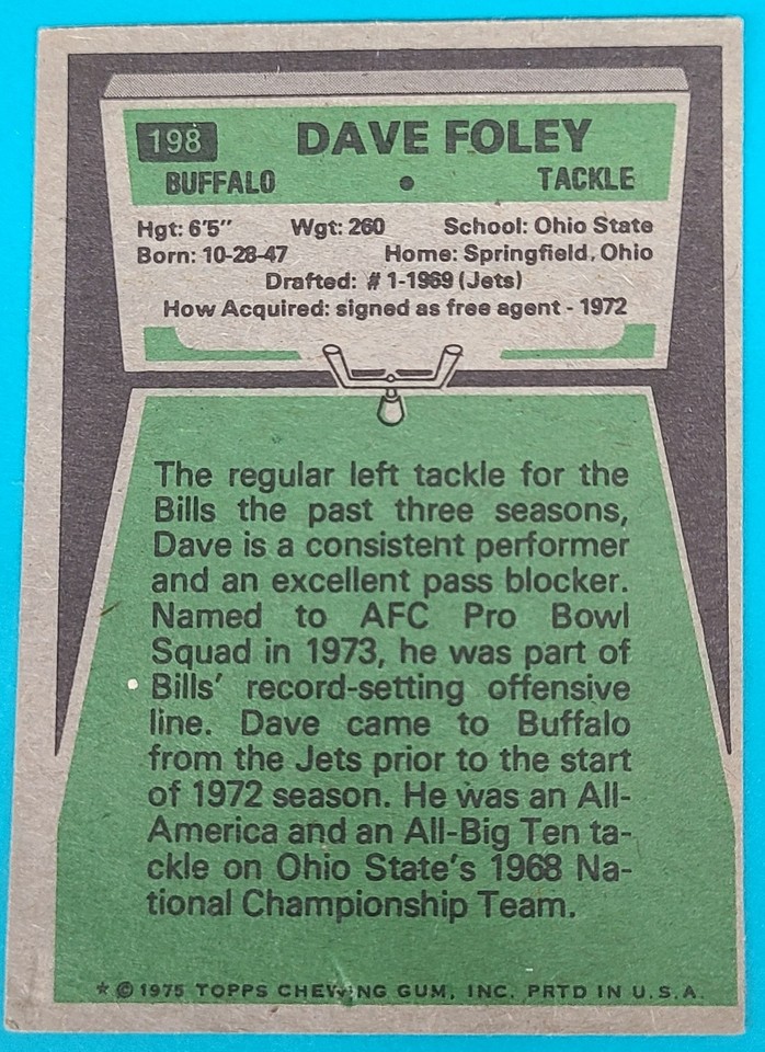 1975 Topps #198 Dave Foley Buffalo Bills FOOTBALL Card Y7 | eBay