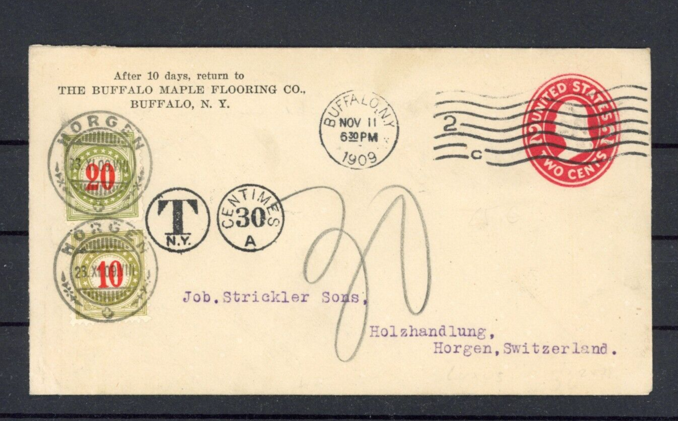 Auslandsbrief USA Ganzsache 2c Nachporto 30 Centimes Buffalo-Horgen ...