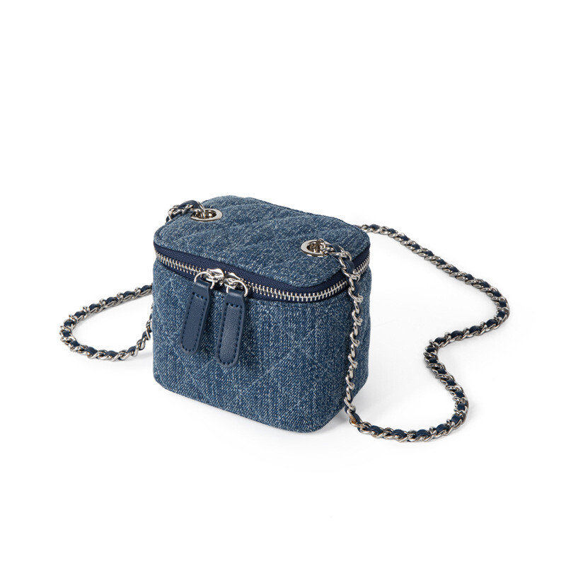 Mini Quilted Denim Shoulder Bag Vanity Case Purse Box Clutch Crossbody ...