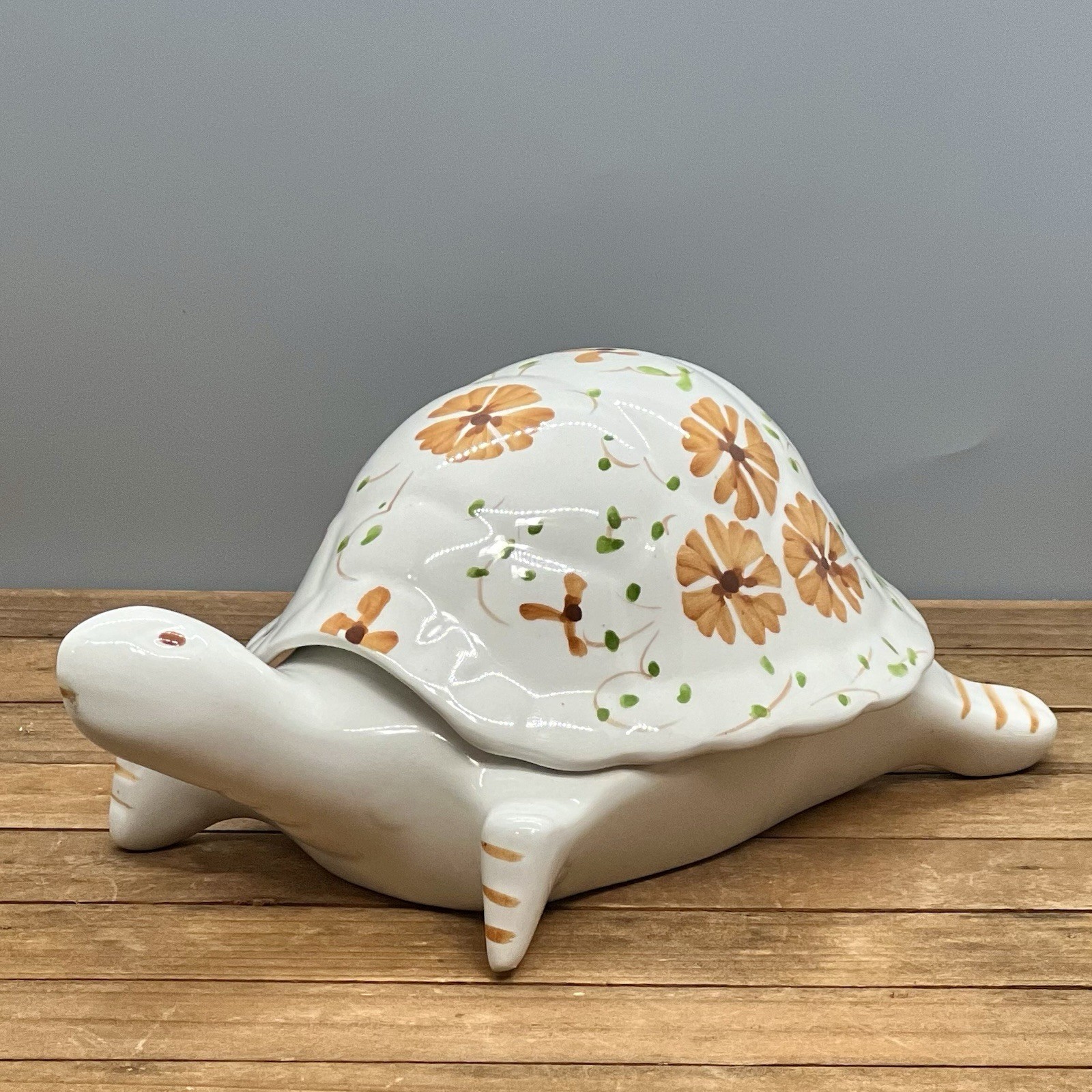 Vintage Hand Painted Ceramic Turtle Trinket Jewelry Box Florals ...