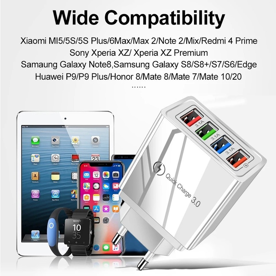 4 Multi-Port Fast Quick Charge USB Hub Mains UK Plug Adapter Wall ...