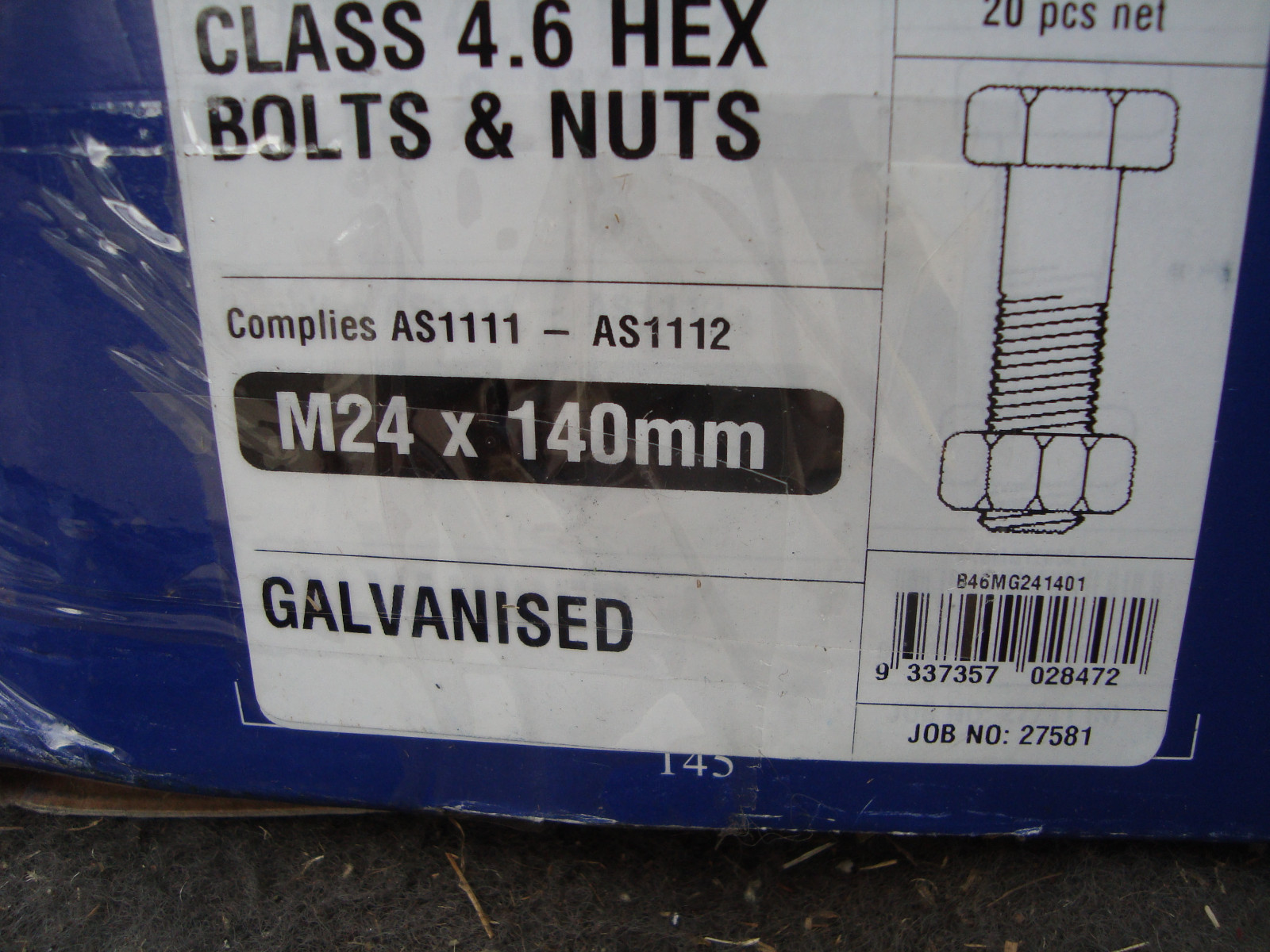 Hex head Bolt &Nut M24 (24mm) x 140mm Galvanised lot of 4 (four) HDG ...