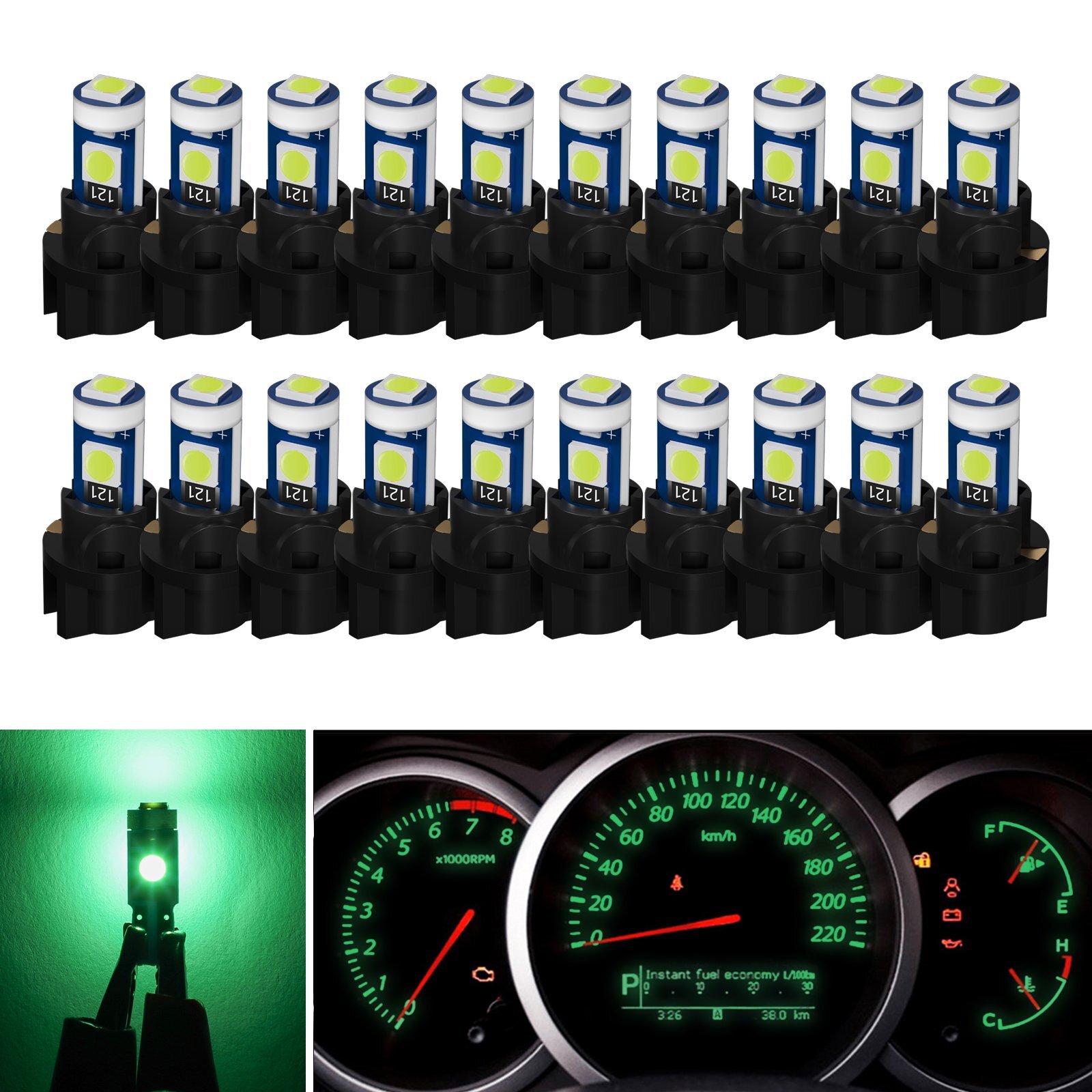 20X Green T5 74 3030 LED Bulb Instrument Panel Cluster Lights W/ Twist ...