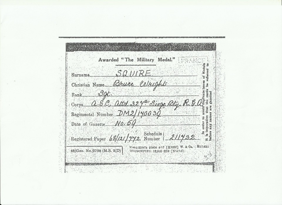 WW1 MILITARY MEDAL & PAIR SGT BRUCE SQUIRE A.S.C. ATTD 327TH SIEGE BTY ...