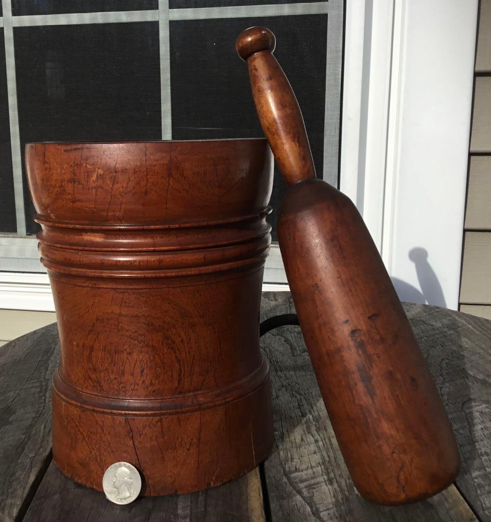 Large Early Antique Wood Lignum Vitae Mortar & Pestle Prim Great Patina ...