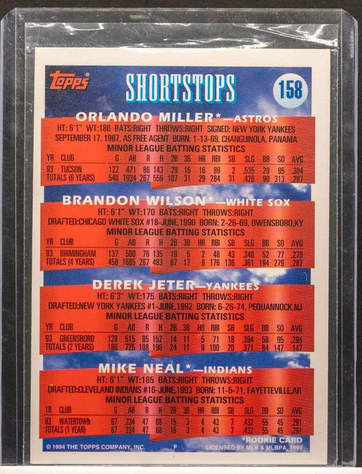Derek Jeter Neal Miller Wilson 1994 Topps Gold 158 Rookie Shortstops RC ...