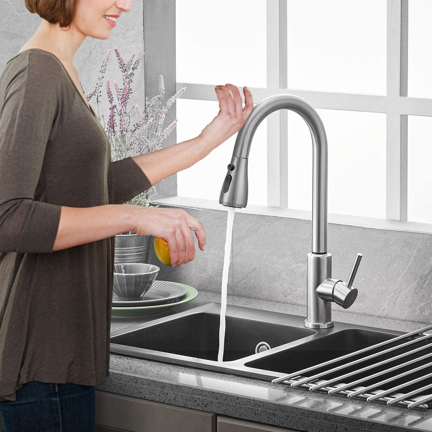 Touch Sensor Kitchen Faucet Pull Down Sprayer Swivel Sink Mixer Brushed ...