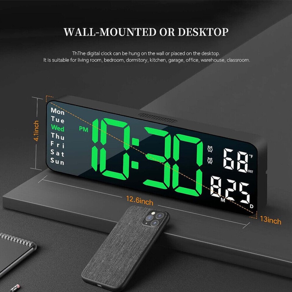 13" LED Digital Wall Clock Alarm Clock Wall Desk Clock Temperature ...