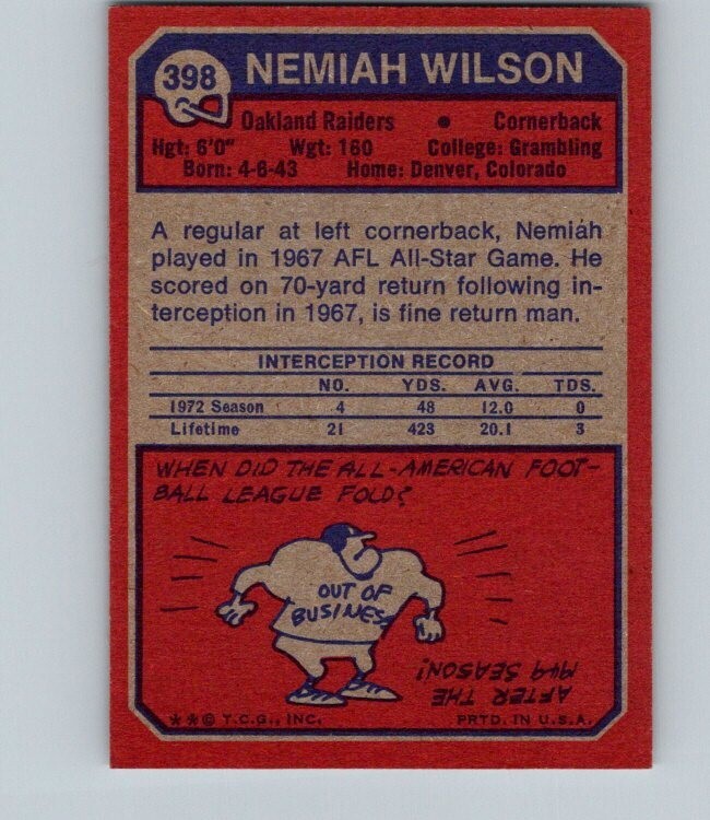 1973 TOPPS FOOTBALL #398 NEMIAH WILSON NRMT ML | eBay