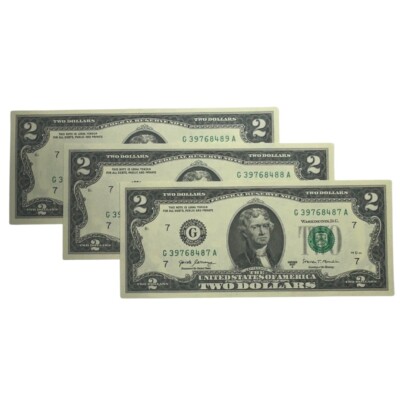 $2 Dollar Note (New) Three Crisp Sequential Uncirculated Two Dollar ...