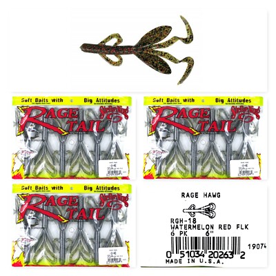 (3) Bags Strike King Plastic Rage Tail 6" Rage Hawg Watermelon Red Fl ...