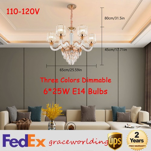 6-Light Gold Round Crystal Chandelier Hanging Ceiling Light Pendant ...