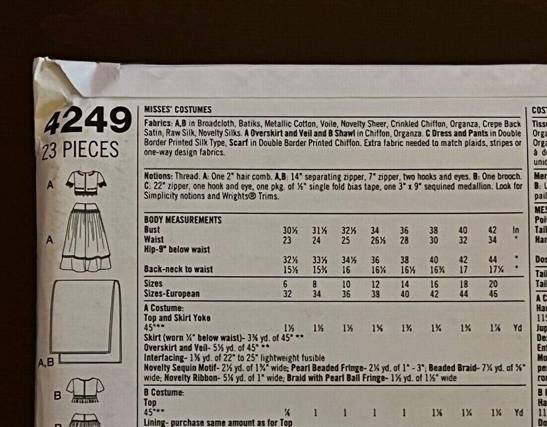 Simplicity Pattern 4249 Costume India Belly Dancer Sari Size 6 - 12 ...