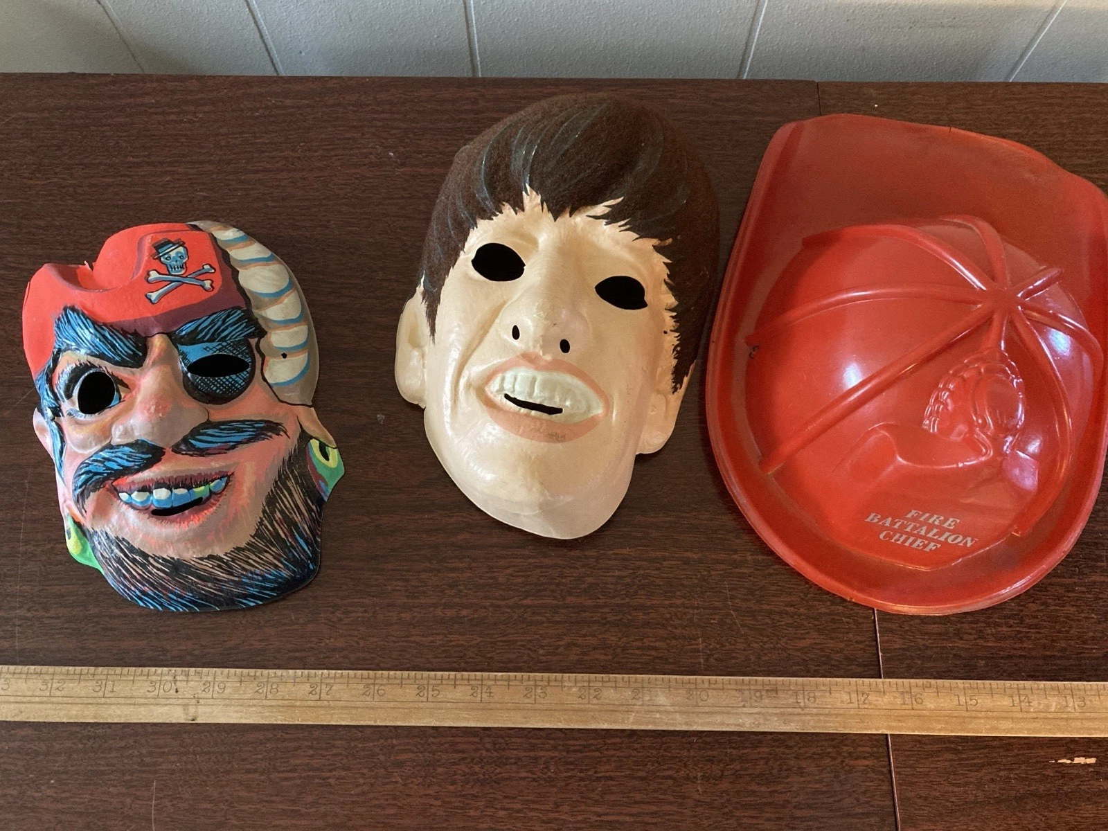 Vintage Lot Halloween Masks Fireman Hat Flocked Hair Beatles? Pirate ...