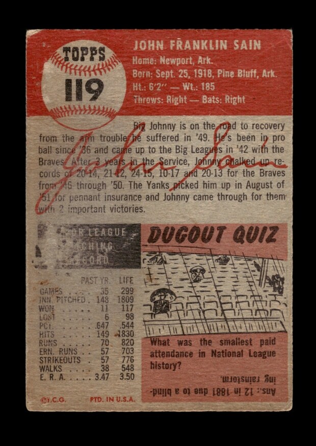 1953 Topps Set-Break #119 John Sain VG-VGEX (crease) *GMCARDS* | eBay