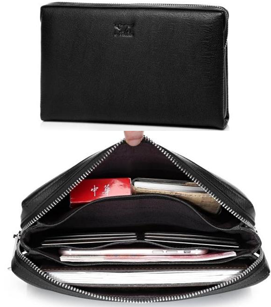 Septwolves men cow leather wallet purse Zip bag Clutch pouch black ...