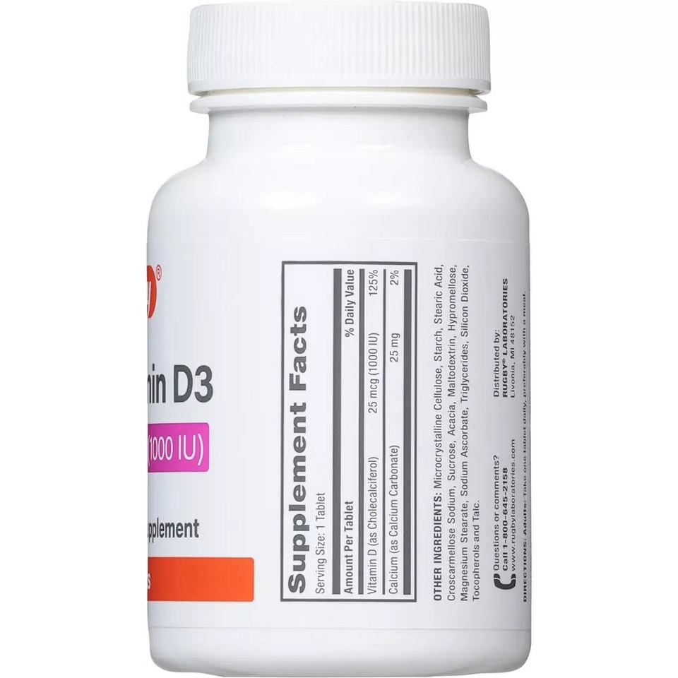 Rugby Vitamin D3 25 mcg (1000 IU), Tablet Dietary Supplement Gluten ...