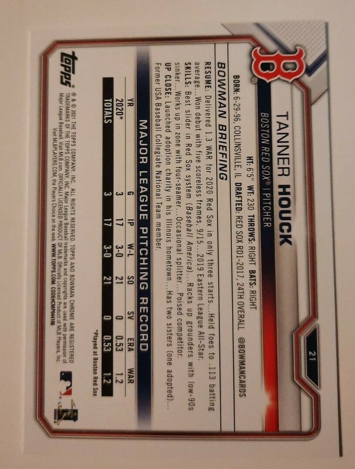 2021 Bowman TANNER HOUCK Base RC Rookie Card #21 Boston Red Sox | eBay