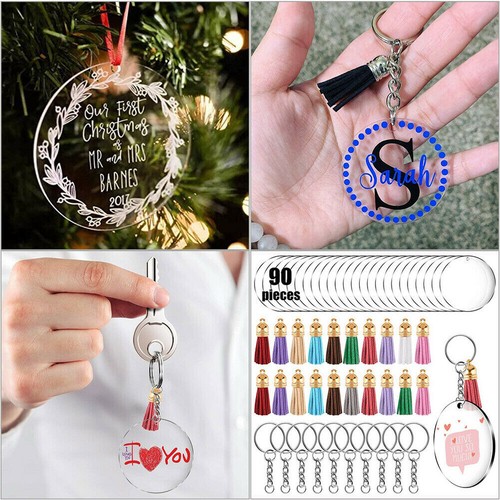 90Pcs Key Ring Clear Acrylic Circle Discs Keychain Blanks Tassel ...