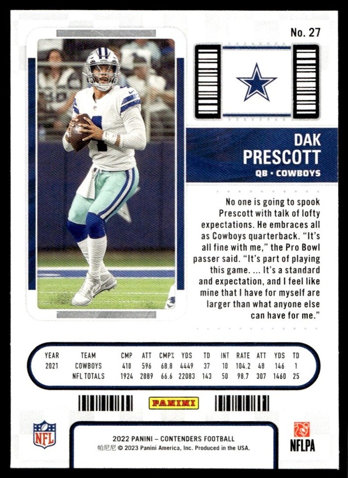2022 Panini Contenders Season Ticket Dak Prescott G260 #27 | eBay