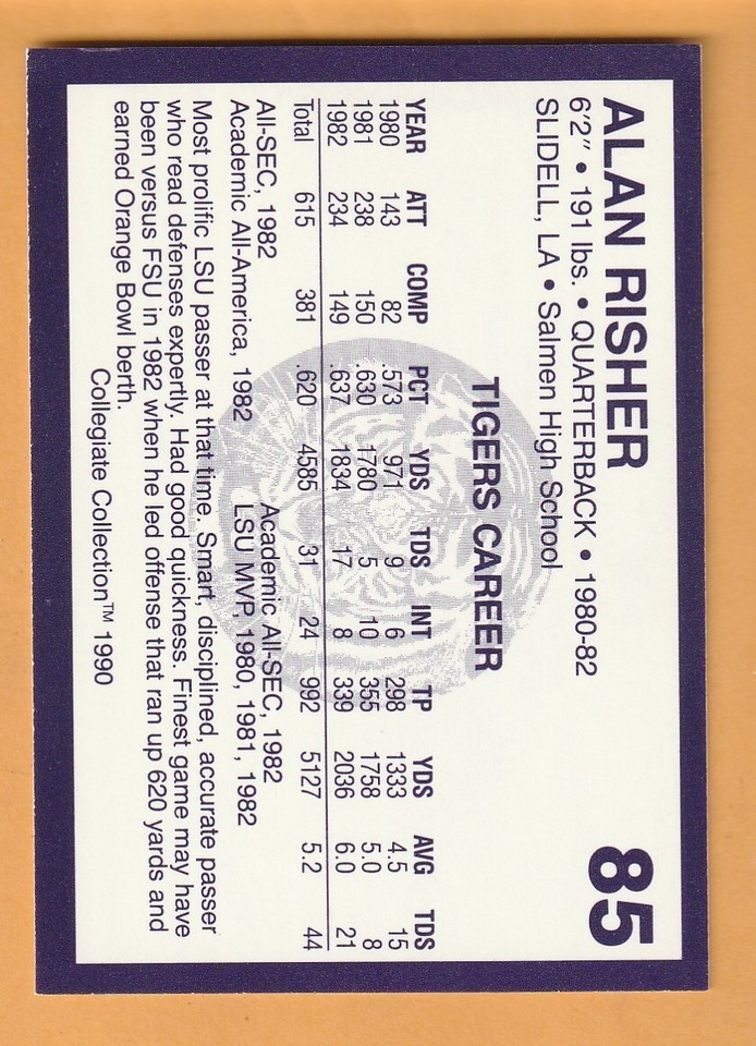 Alan Risher LSU Tigers AUTO Signed 1990 Card Slidell Louisiana 7S | eBay