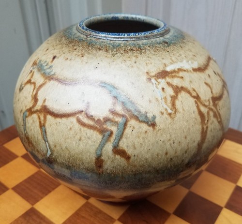 Studio Pottery Stoneware Vase Running Horses Wild Ponies Glazed ...
