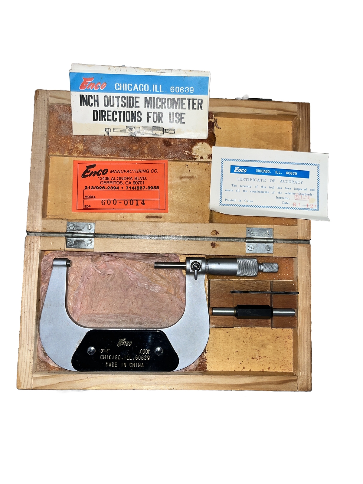 ENCO 605-04 Micrometer 3"-4" Carbide Protective Wood Case Includ 12/84 ...