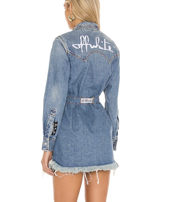 Off White Snap Close Denim Boxy Jacket Dress Sz 40 Celebrity Belted ...