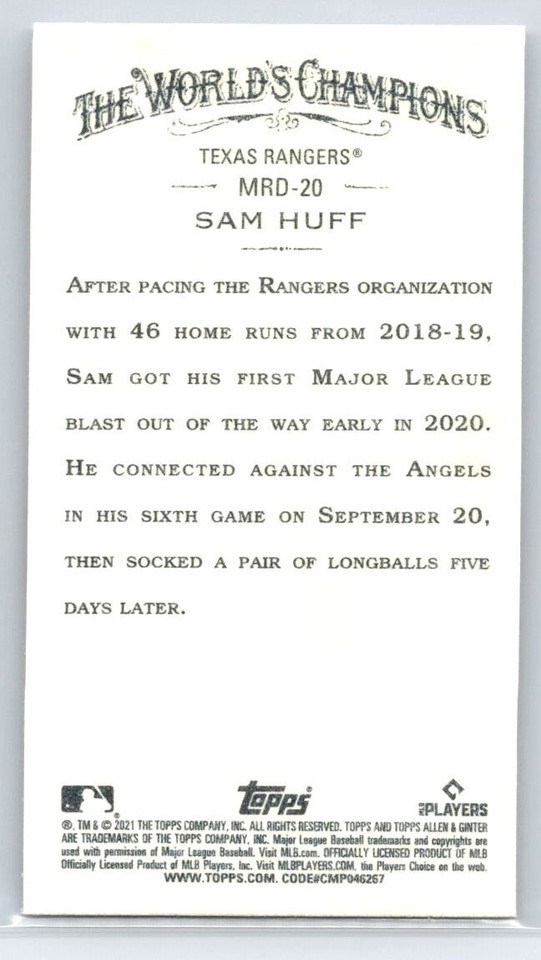 SAM HUFF 2021 Topps Allen & Ginter Rookie MINI Baseball #MRD-20 Texas ...