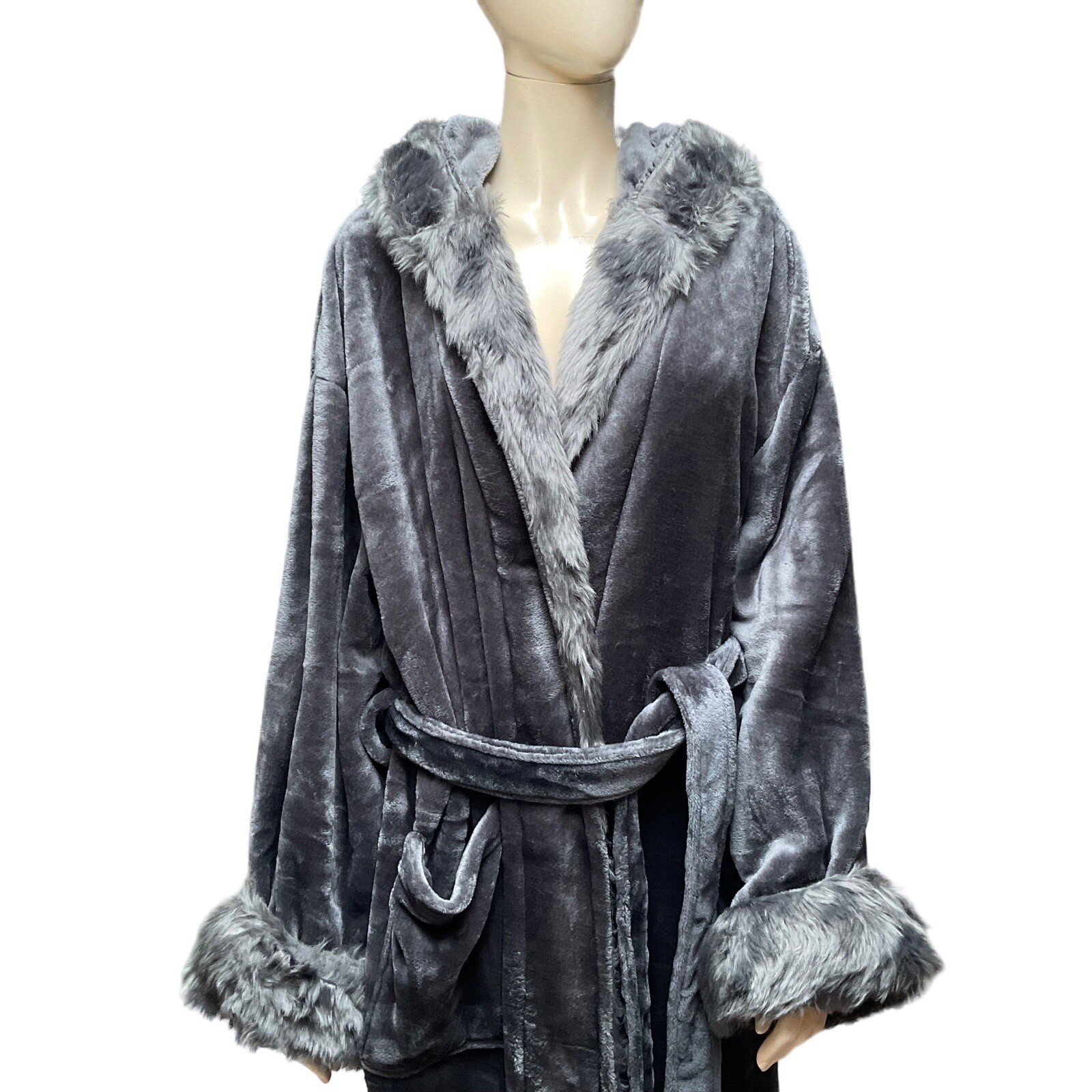 Faux Fur Hooded Bathrobe Long Gray Alexander Del Rossa 1X 2X New Gift ...