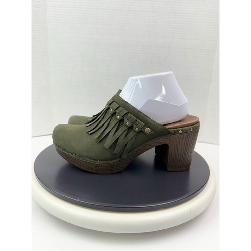 DANSKO Deni Womens EU 39 US 8.5 Mules Olive Green Leather Fringe Heeled ...