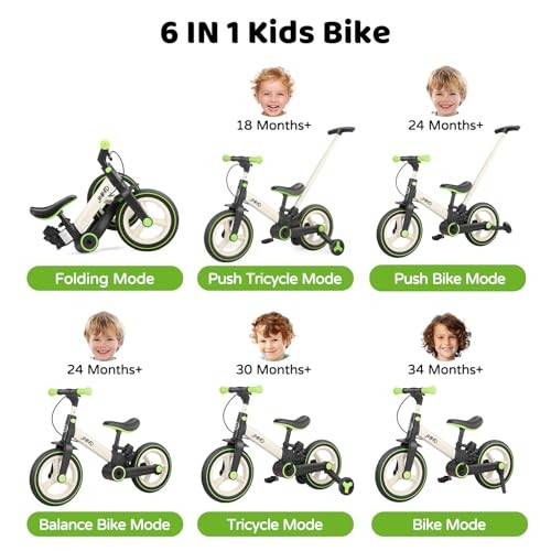 Toddler Bike with Push Handle for Kids 18-60 Months, 6 in 1 Large Green ...