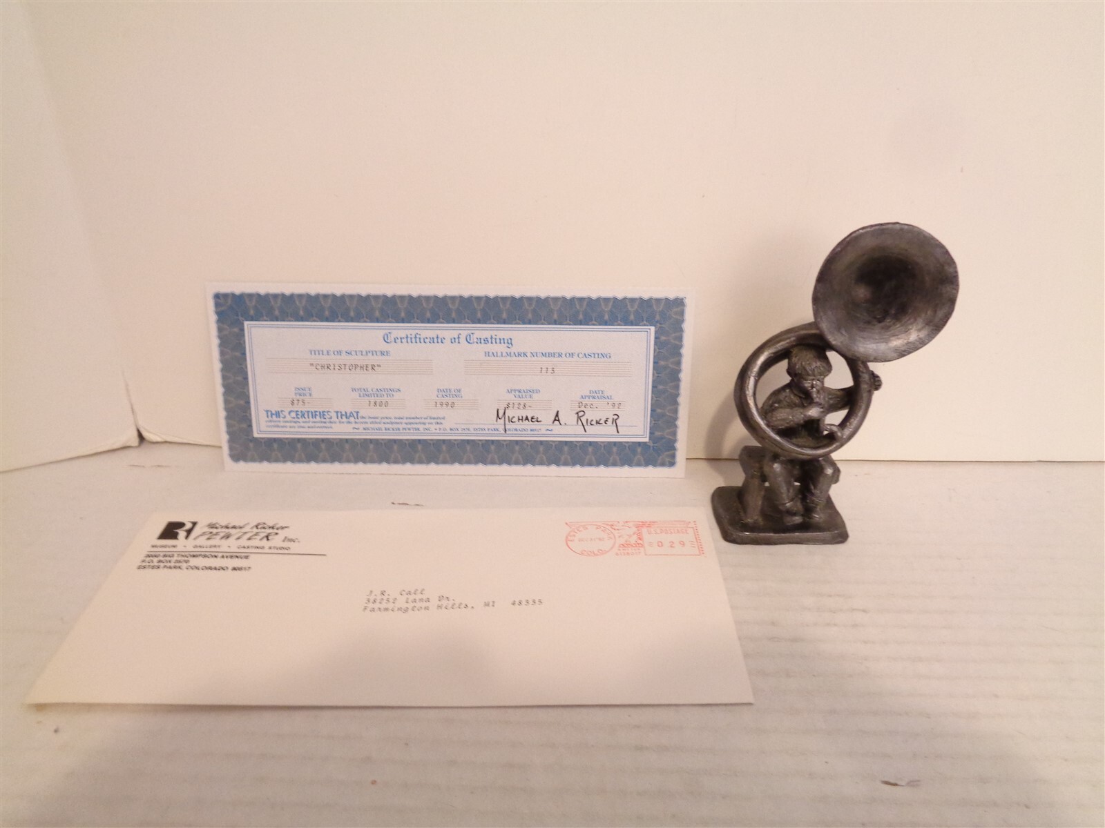 1990 Michael Ricker Pewter Christopher Boy with Sousaphone Tuba Pewter ...