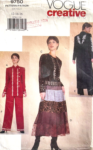 1990's VOGUE Misses' Jacket,Skirt,Pants Pattern 9750 Size 12-16 UNCUT ...
