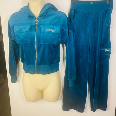 Justice Girls Velour Zip Hoodie Jacket Pants set 12/14 Blue Teal | eBay