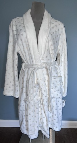 Martha Stewart Women's Gold Polka Dot Holiday Plush Bath Robe White One ...