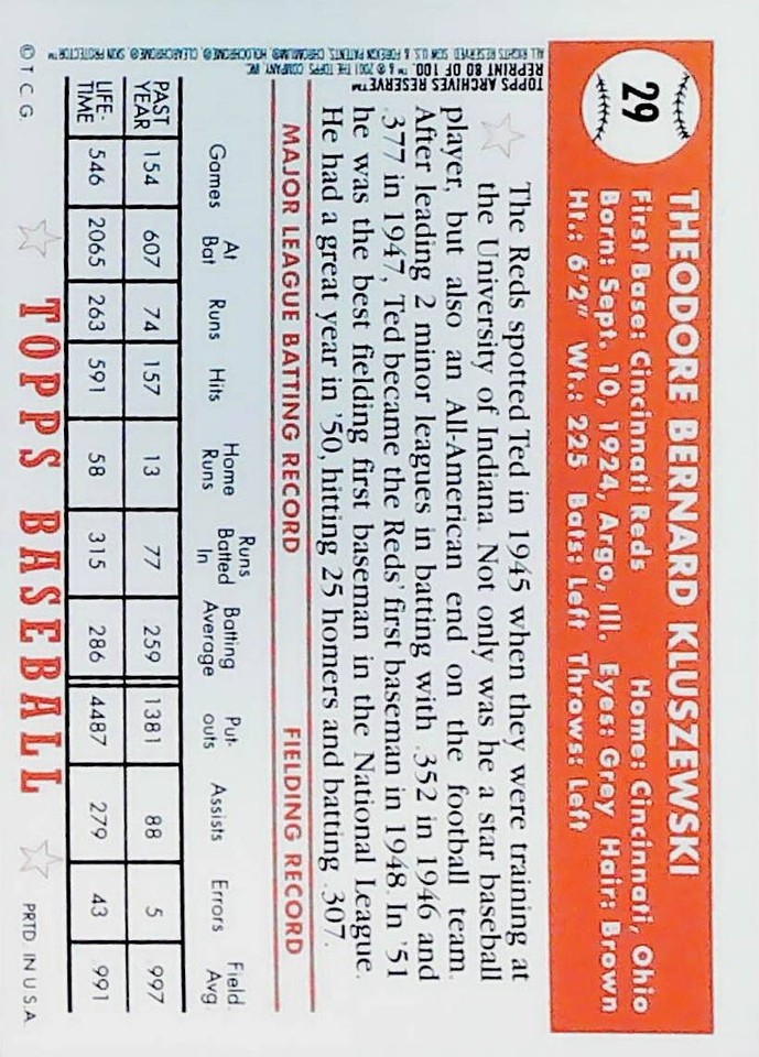 2001 Topps Archives Reserve Ted Kluszewski REFRACTOR #29 Cincinnati ...