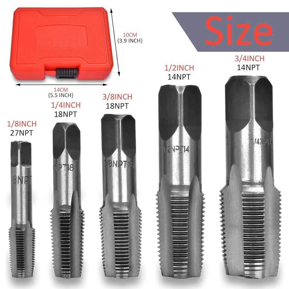 5 Pcs NPT Thread Forming Taps, Pipe Taps Set 1/8", 1/4", 3/8", 1/2", 3/ ...