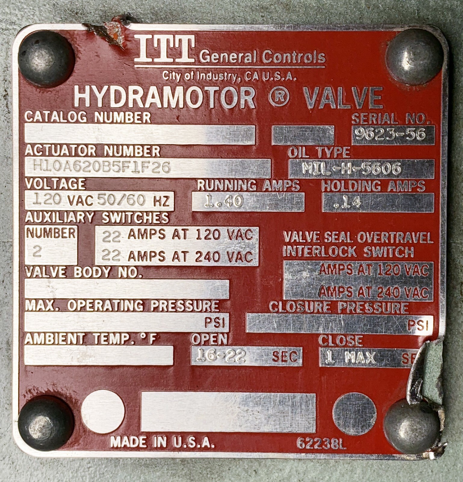 ITT General Controls Hydramotor Actuator Valve H10A620B5F1F26 Gate ...