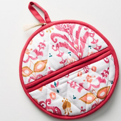 ANTHROPOLOGIE Purcella Pot Holder Pad White Pink Burgundy Red Cotton ...