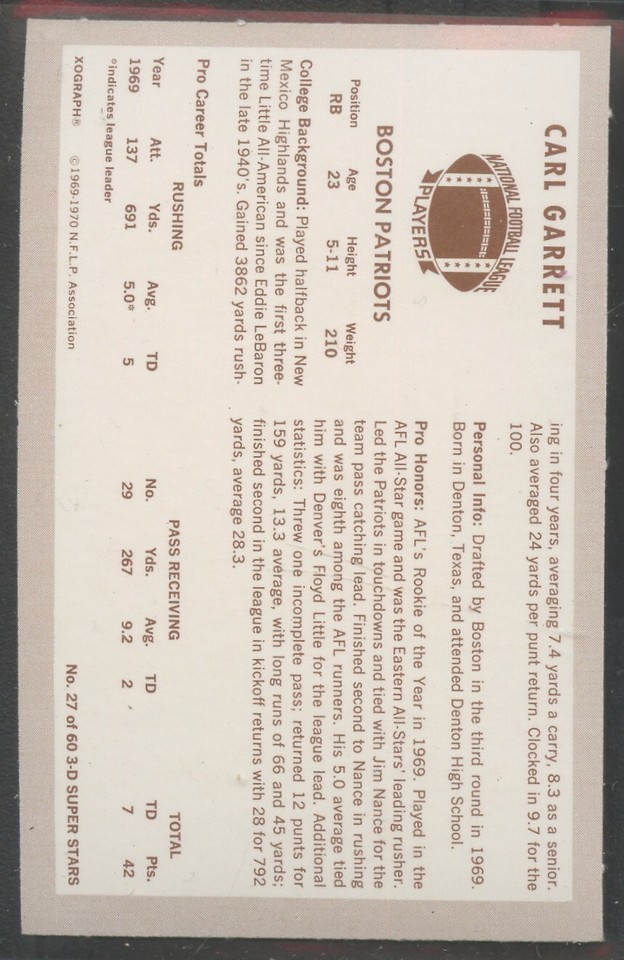 1970 Kellogg's #27 Carl Garrett Boston Patriots | eBay